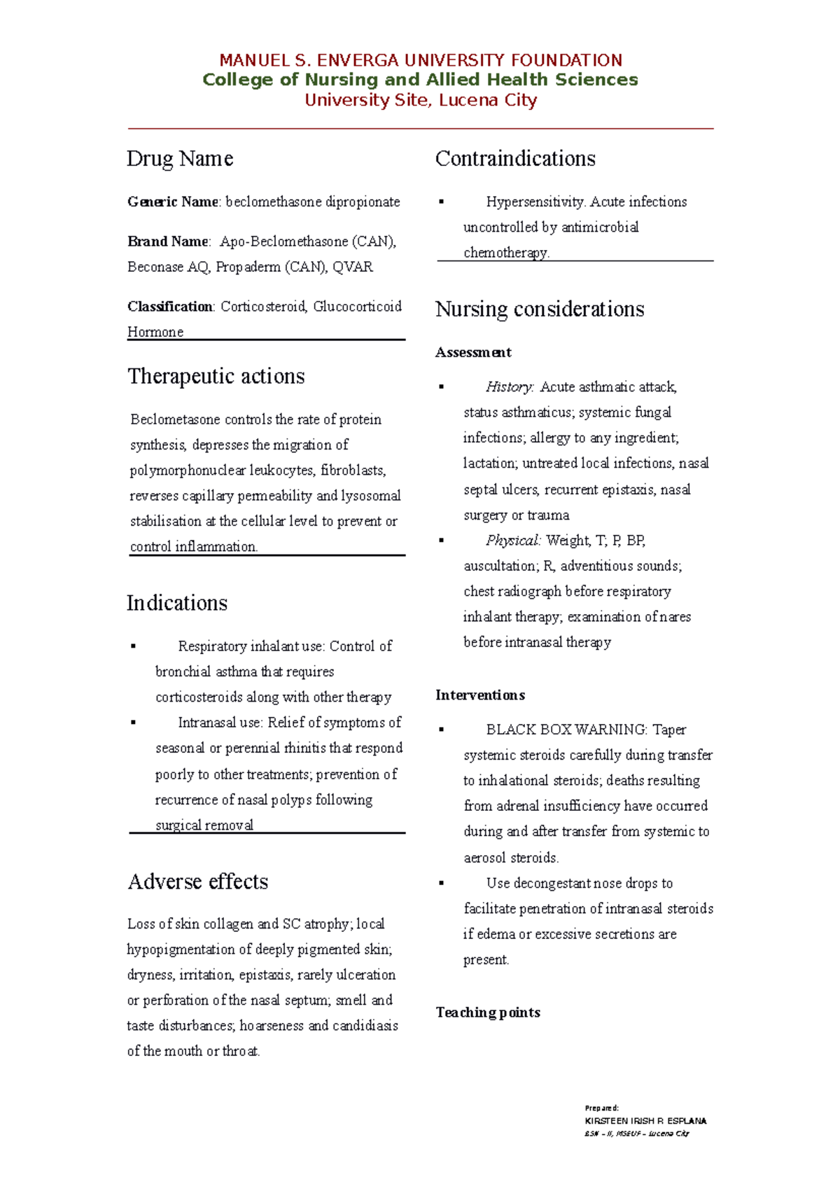 Beclomethasone dipropionate - DRUG Study - MANUEL S. ENVERGA UNIVERSITY ...