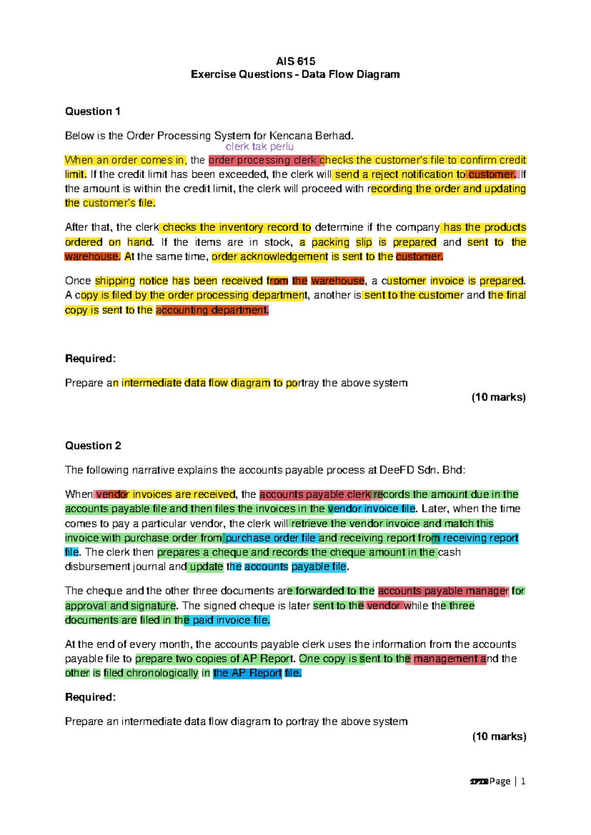 Exercise Question DFD - AIS 615 Exercise Questions - Data Flow Diagram ...