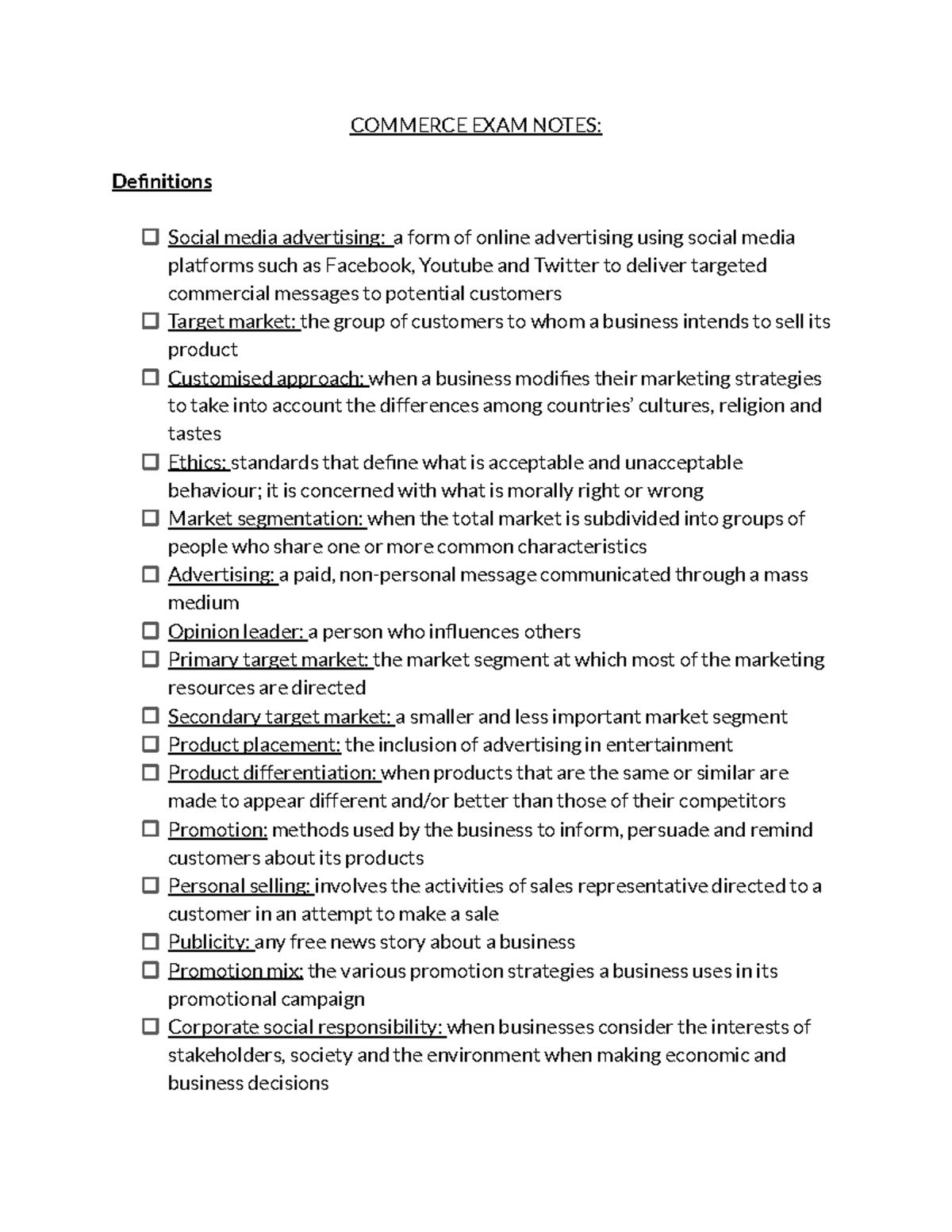 Commerce - 9 Exam Notes - COMMERCE EXAM NOTES: Definitions Social media ...