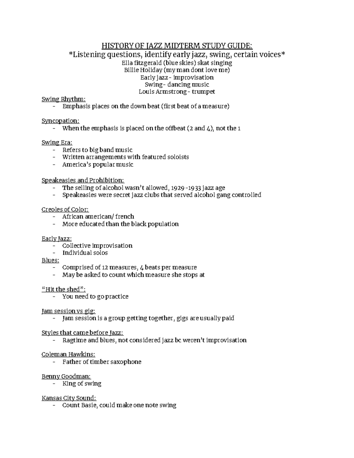 Midterm guide from class - HISTORY OF JAZZ MIDTERM STUDY GUIDE ...