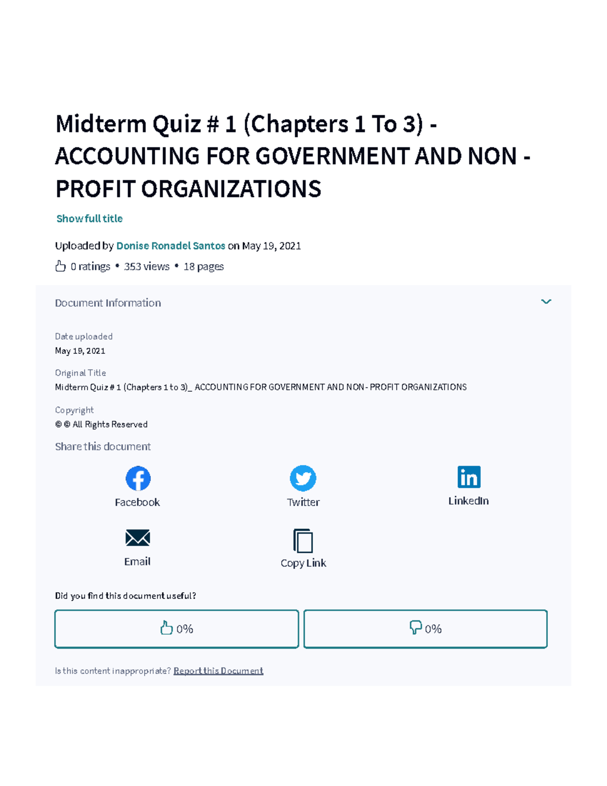 Midterm Quiz # 1 (Chapters 1 To 3) - Accounting FOR Government AND NON - Profit - Midterm Quiz ...