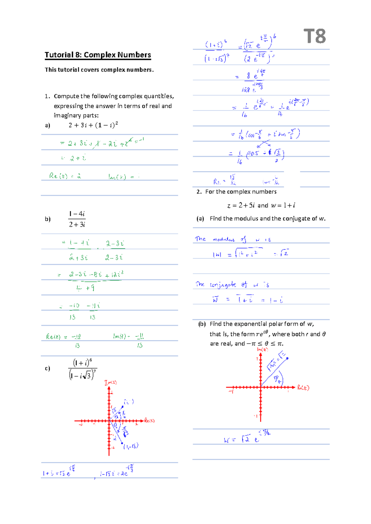 33130 T8 Complex Numbers solns - Tutorial 8 : Complex Numbers This ...
