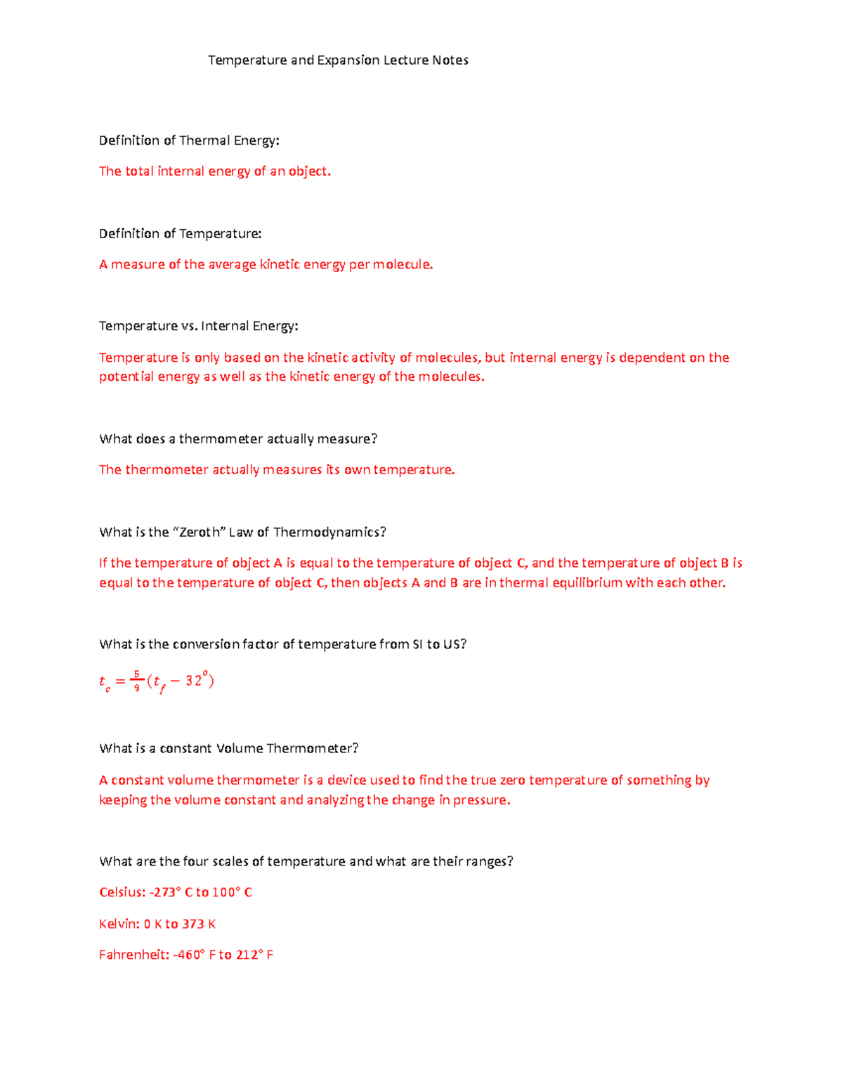 Temperature and Thermal Expansion Questions - Temperature and Expansion ...