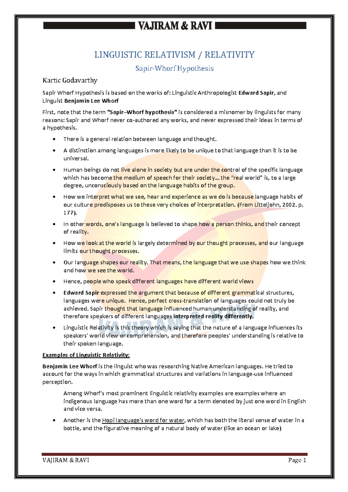 Sapir-Whorf Hypothesis - VAJIRAM & RAVI Page 1 LINGUISTIC RELATIVISM ...
