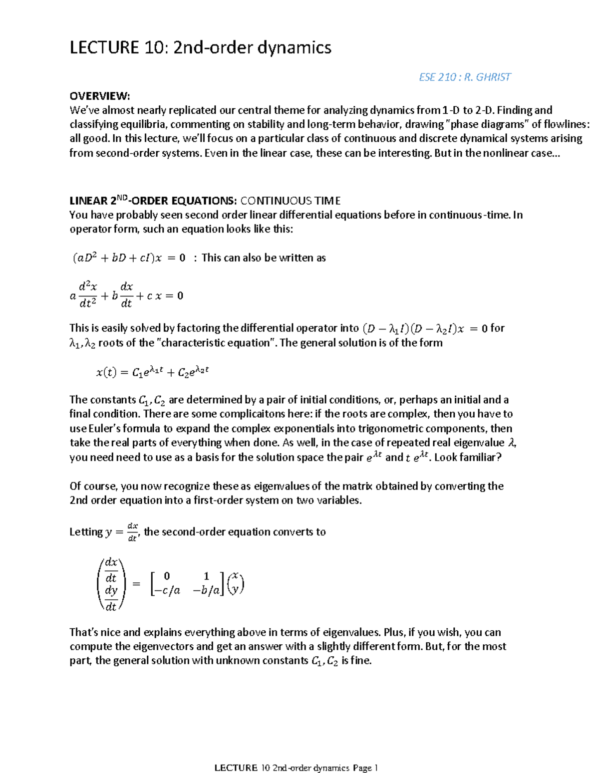 Lecture 10 2nd-order dynamics - OVERVIEW: We've almost nearly ...