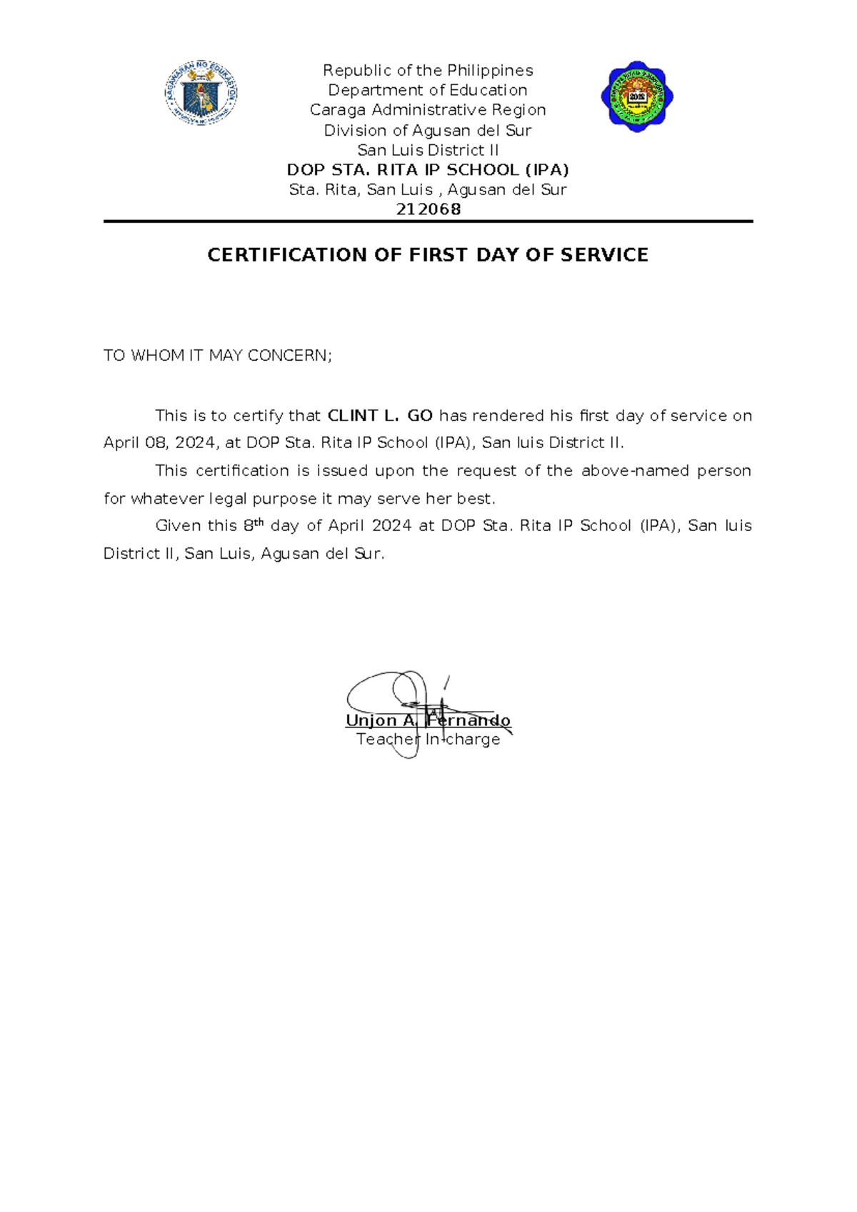 First DAY OF Service 2 4 - Republic of the Philippines Department of ...