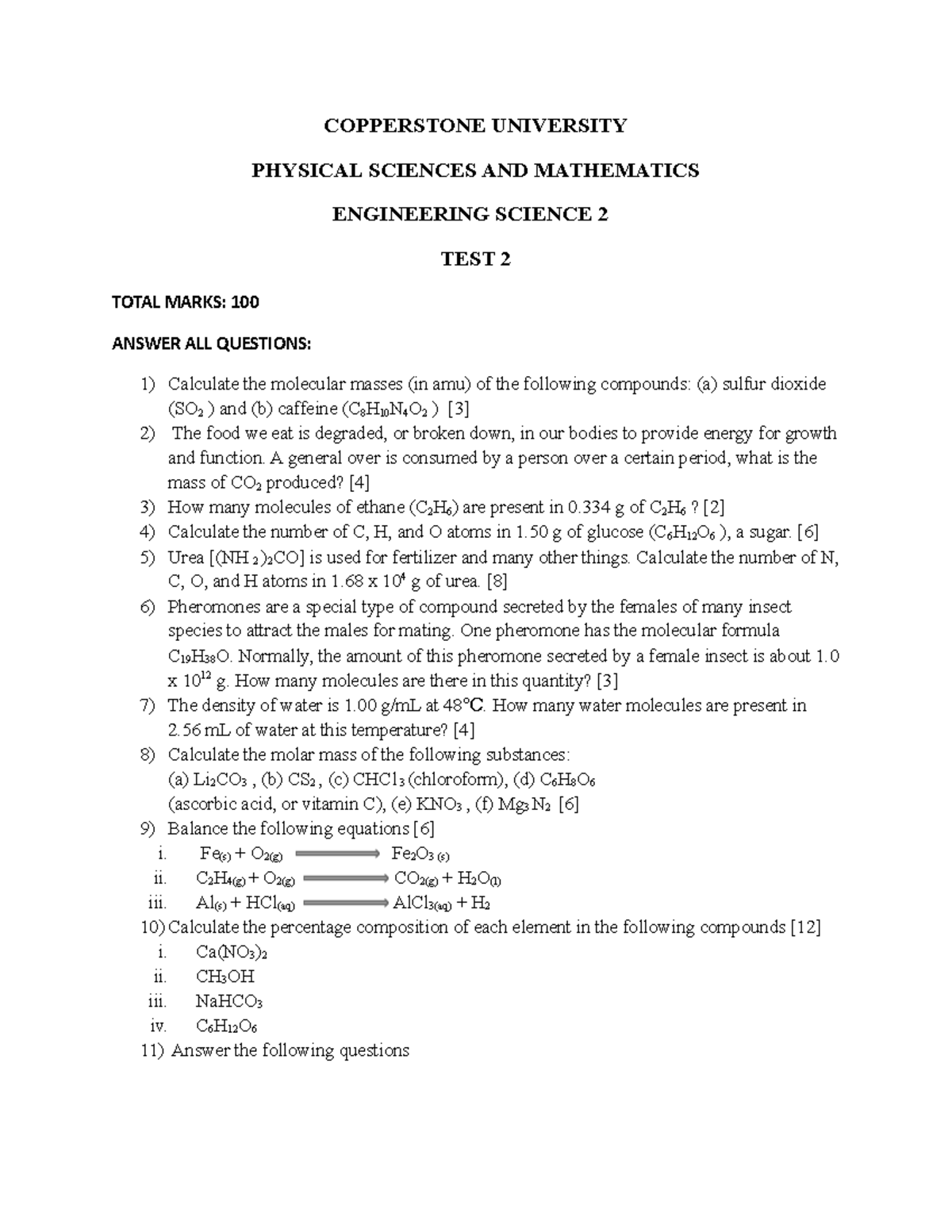 ENG Science TEST 2 - COPPERSTONE UNIVERSITY PHYSICAL SCIENCES AND ...