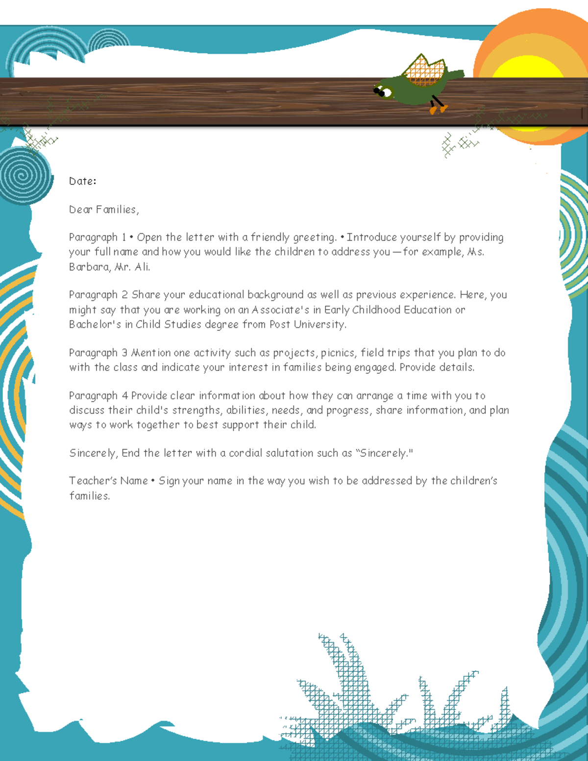 Unit 4 Family Welcome Letter Template - Date: Dear Families, Paragraph ...
