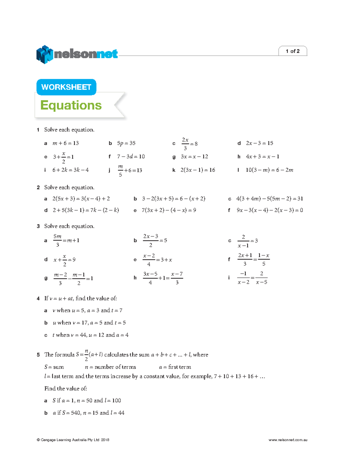Equations Worksheets - sasdsad - © Cengage Learning Australia Pty Ltd ...