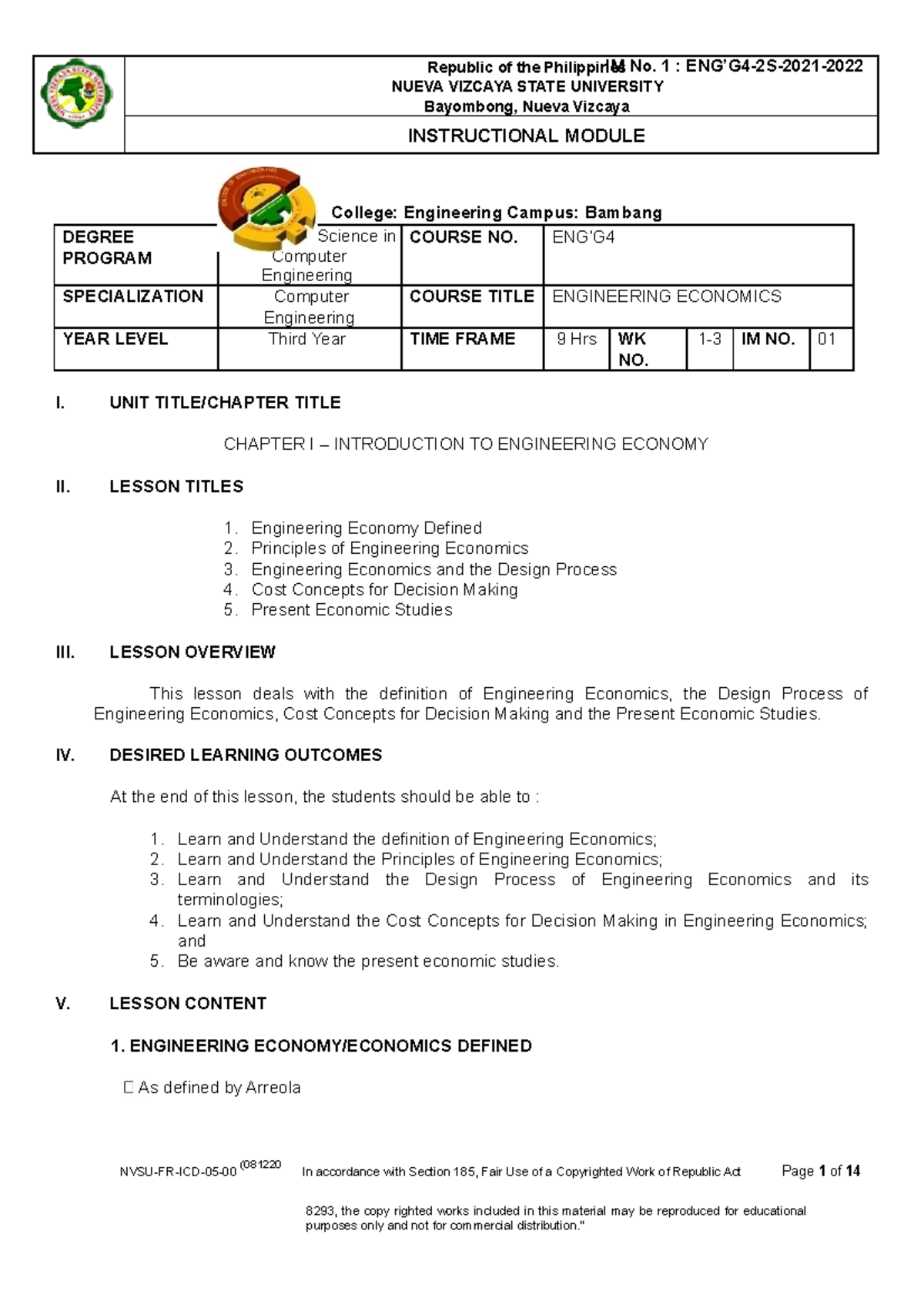 Module Economics Chapter 1 - College: Engineering Campus: Bambang ...