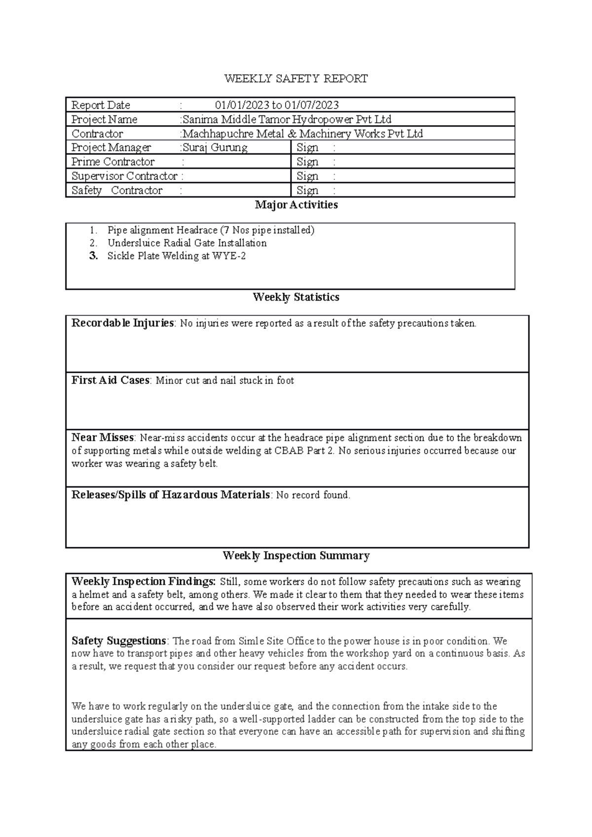 Safety Weekly Report-docx - WEEKLY SAFETY REPORT Report Date : 01/01 ...