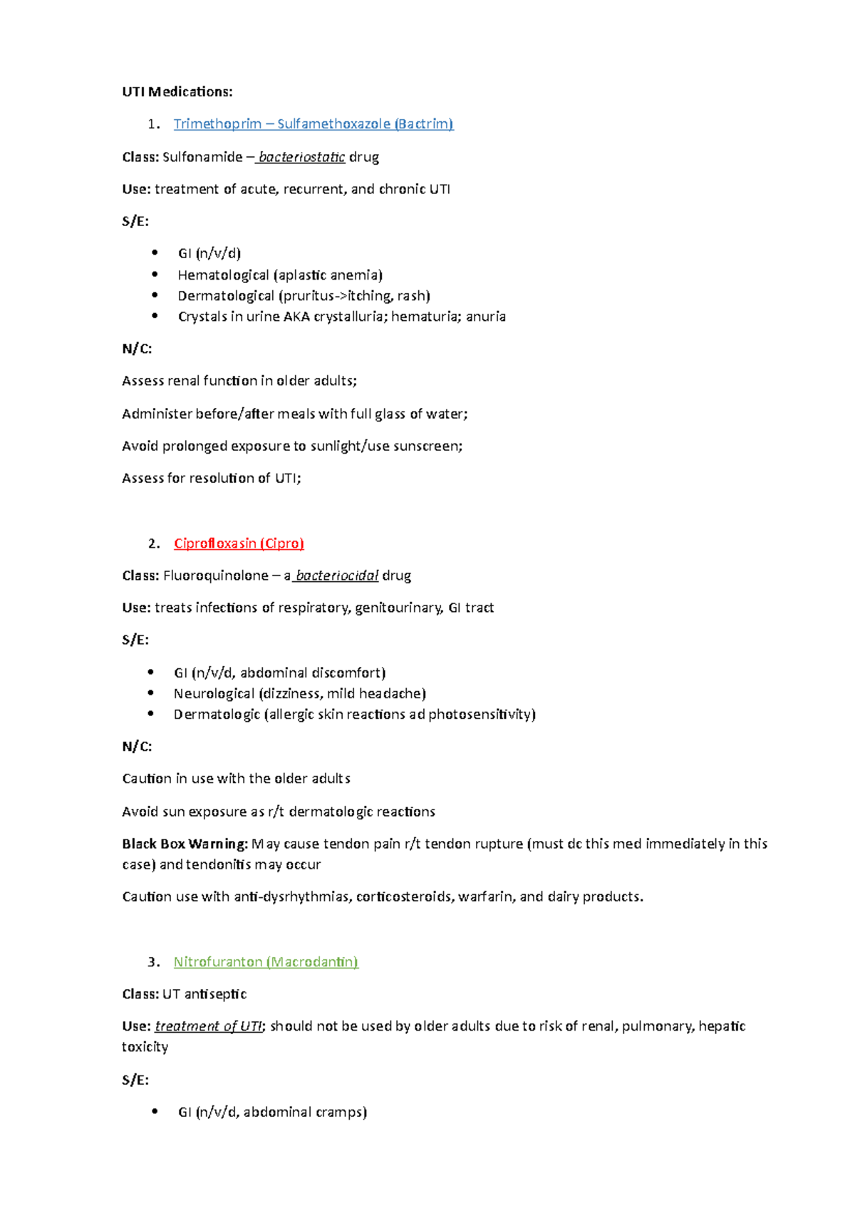 UTI Medications - Lecture notes 1-3 - UTI Medications: 1. Trimethoprim ...
