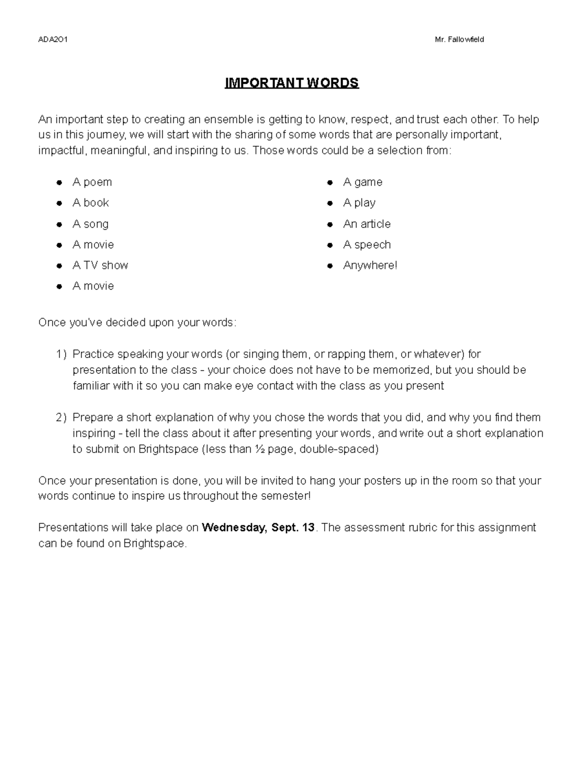 Important Words - ADA2O1 Mr. Fallowfield IMPORTANT WORDS An important ...