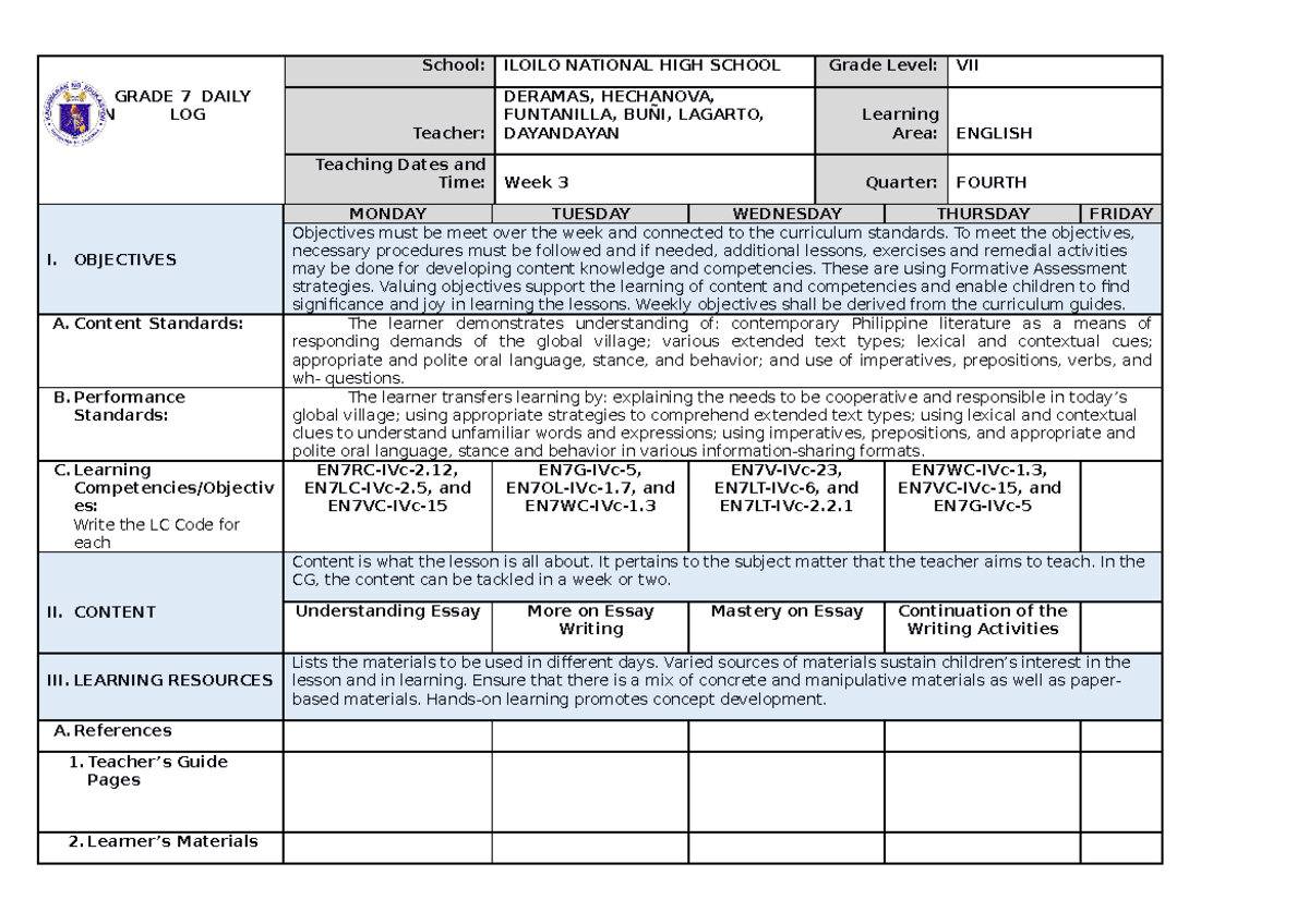 DLL 4th Qrtr Week 3 - DLL - GRADE 7 DAILY LESSON LOG School: ILOILO ...