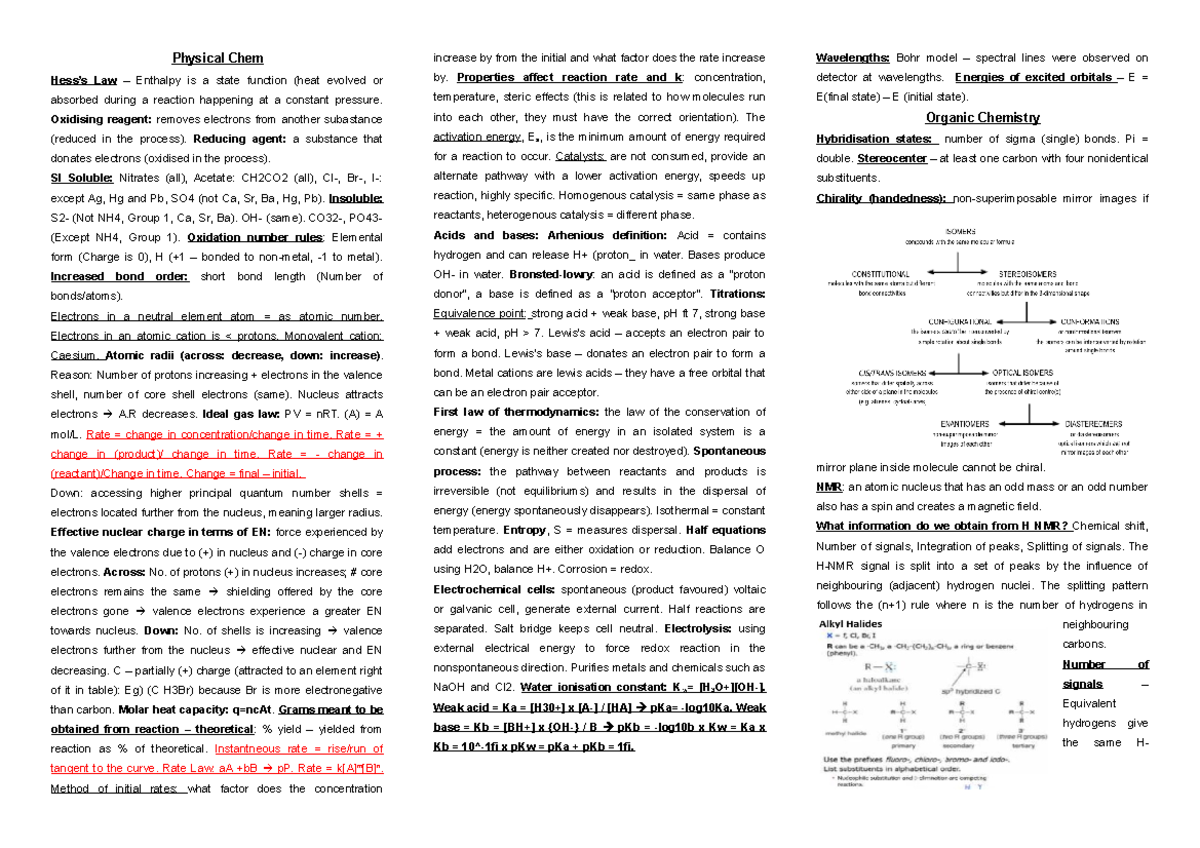 Chem cheat sheet - Physical Chem Hess’s Law – Enthalpy is a state ...