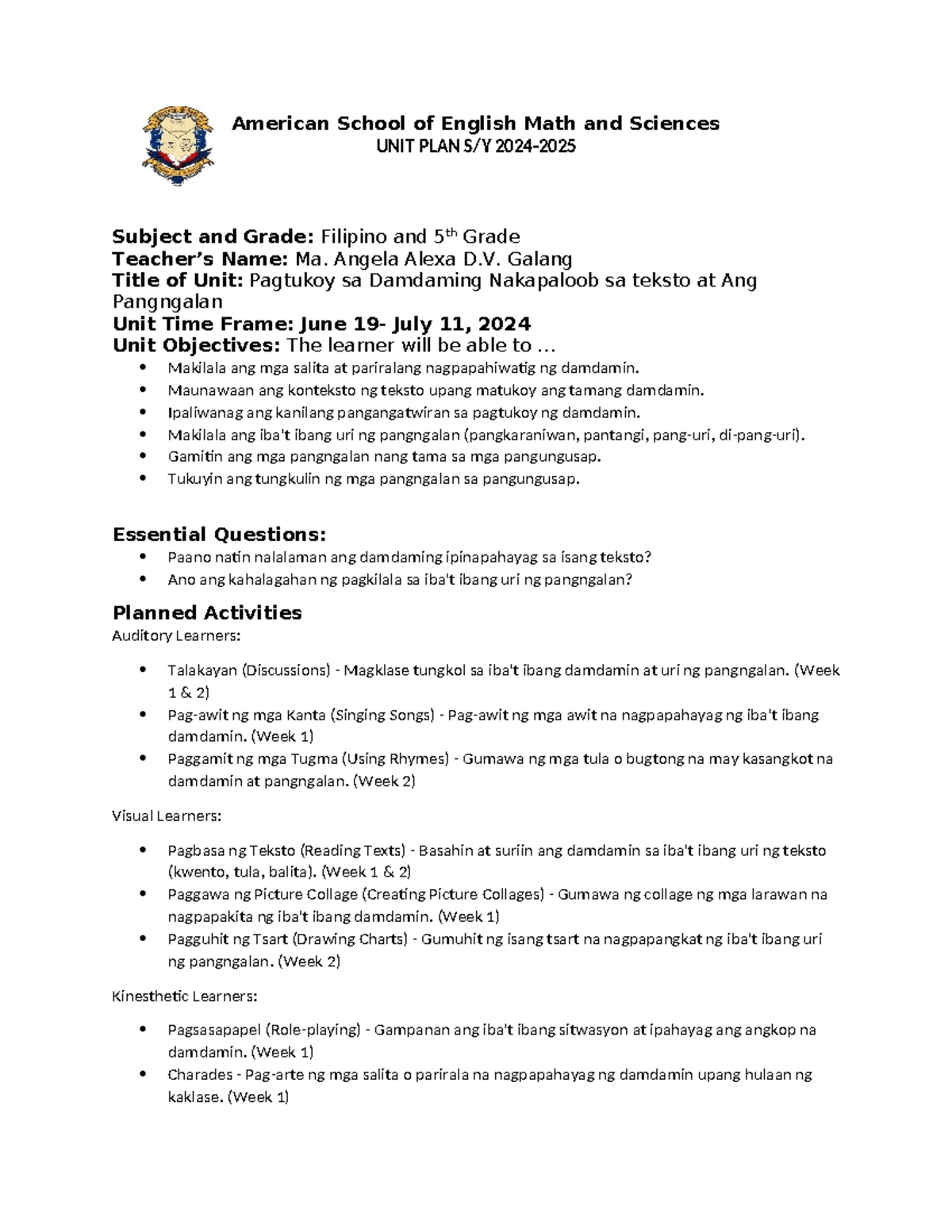 6th Grade Filipino 1Q-Unit Plan-Midterm-PBL - American School of ...