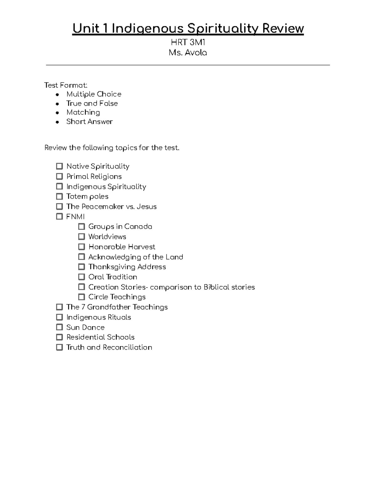 HRT 3M1 Unit 2 Review - rebook s - Unit 1 Indigenous Spirituality ...