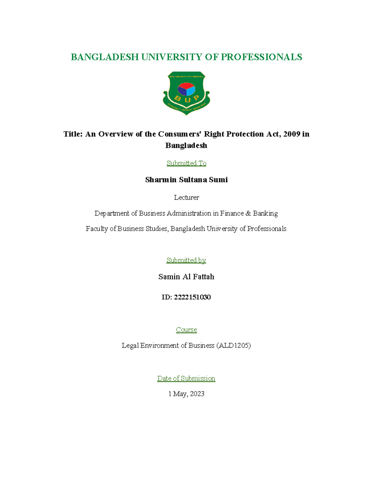 Law assignment cover - sssss - Constitutional Law of Bangladesh ...