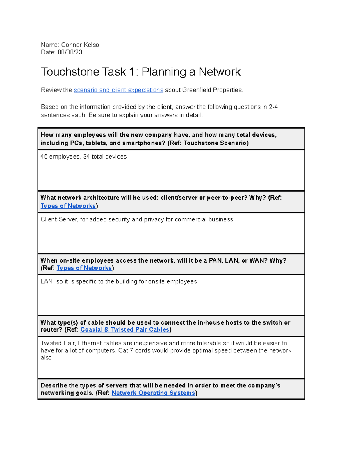 Touchstone Task 1 Planning a Network Infrastructure Questions - Name ...
