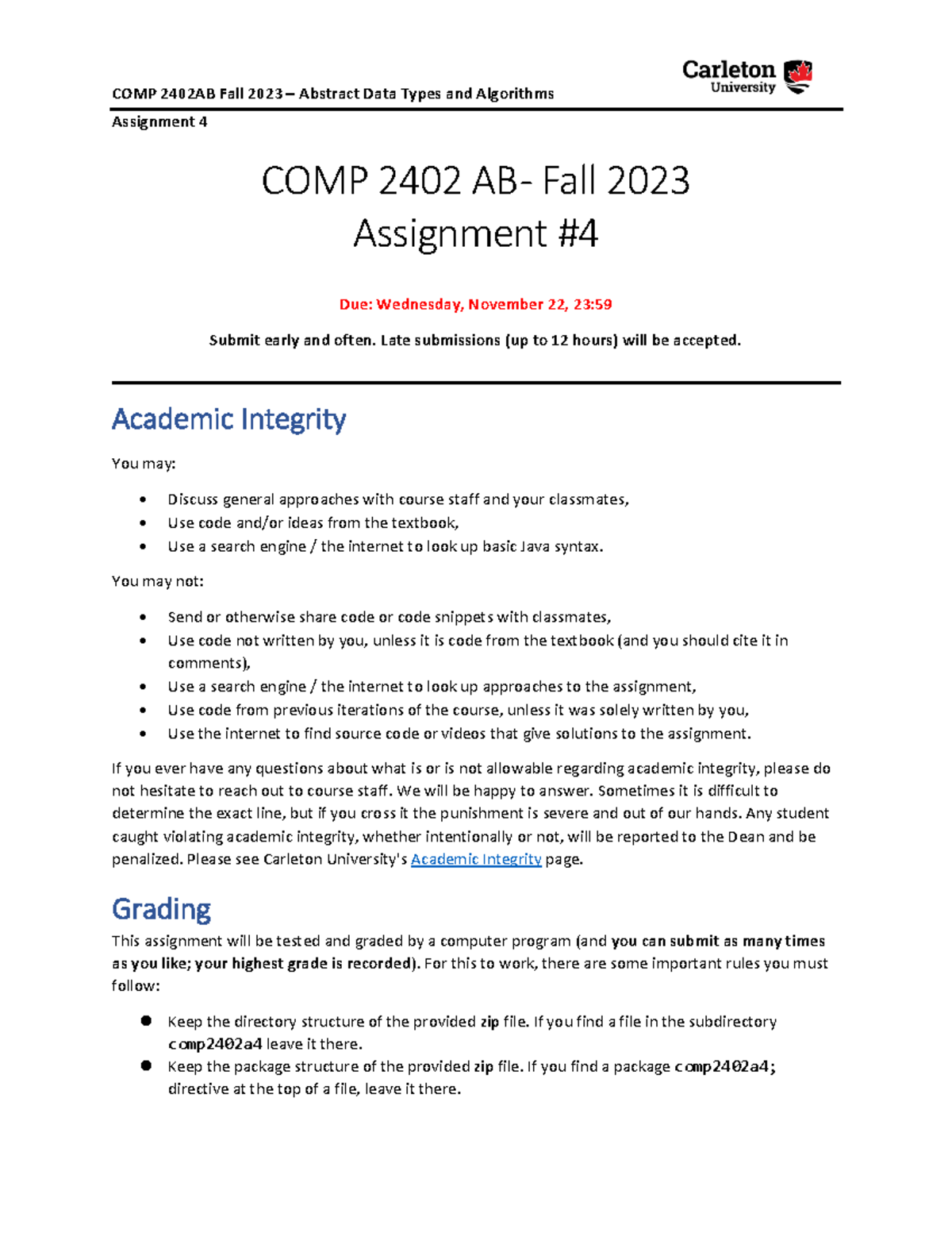 A4-COMP2402-Fall-2023 - Assignment 4 COMP 2402 AB- Fall 202 3 Assignment # 4 Due: Wednesday ...