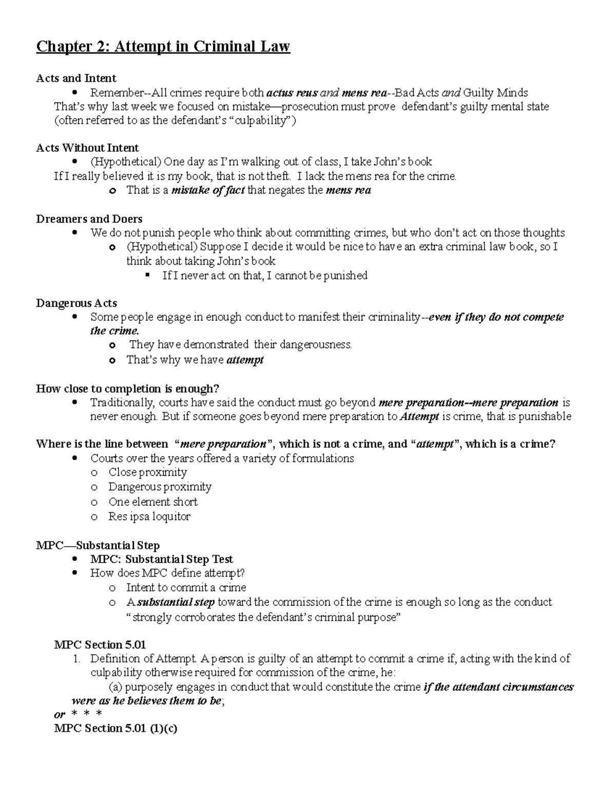 Crim Law Slide Outline - Chapter 2: Attempt in Criminal Law Acts and ...