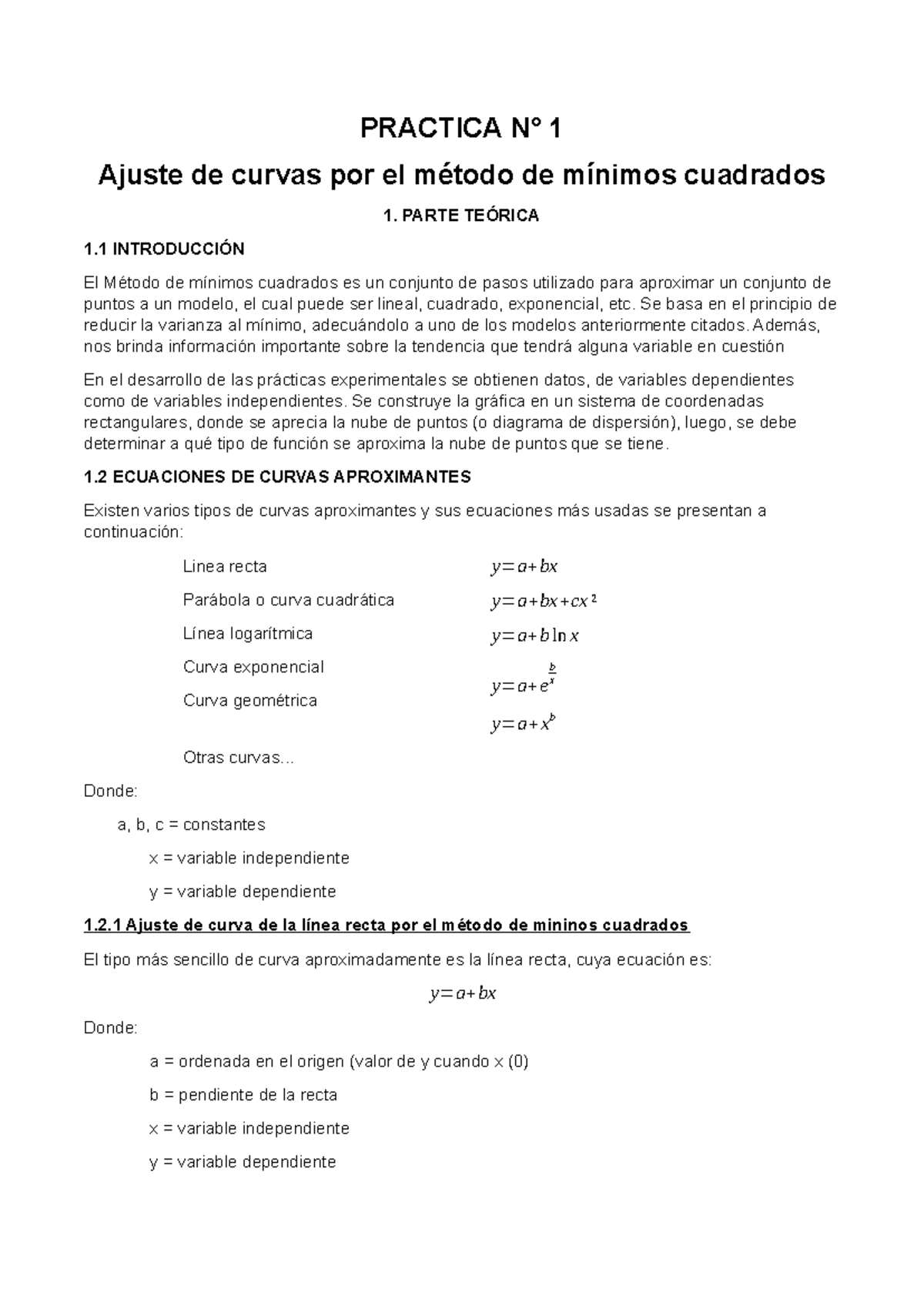 Ajuste DE Curvas POR EL Método DE Mínimos Cuadrados - PRACTICA N° 1 ...