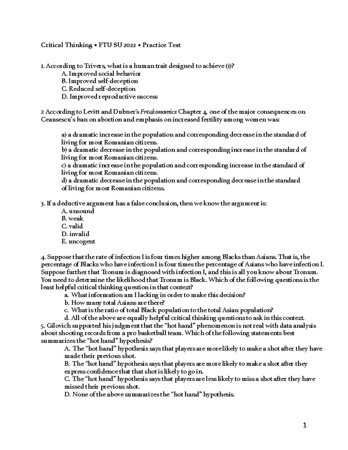 FTU SU 2022 Practice Test for Final - 1 Critical Thinking • FTU SU 2022 ...