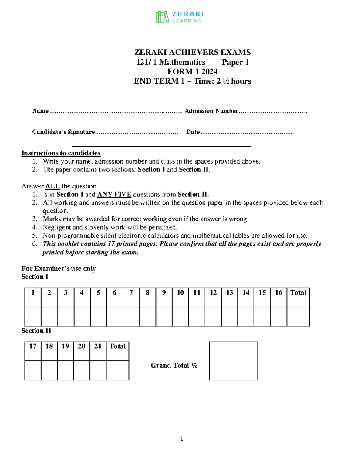 Mathematics - Question paper - ZERAKI ACHIEVERS EXAMS 121/ 1 ...