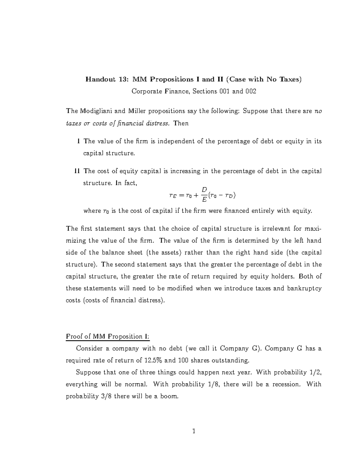 MM Proposition I & II - Explanation and proof - Handout 13: MM ...