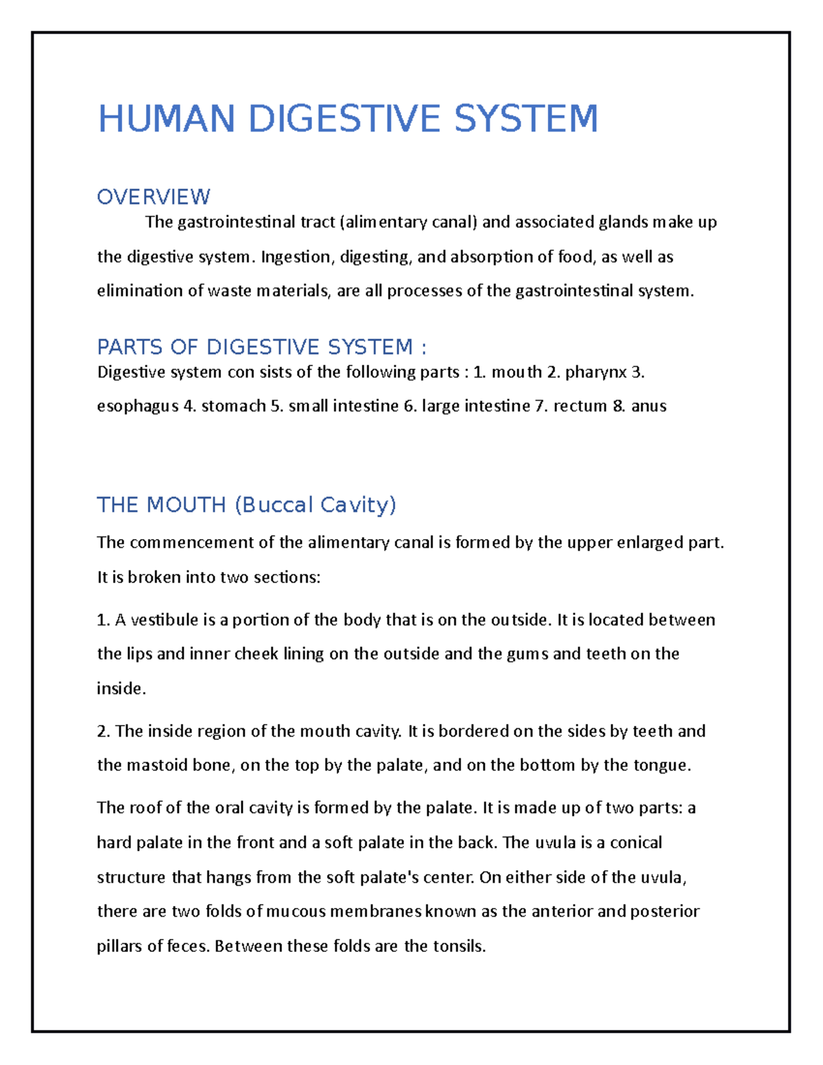 Detail NOTE ON THE Human Digestive System - HUMAN DIGESTIVE SYSTEM ...