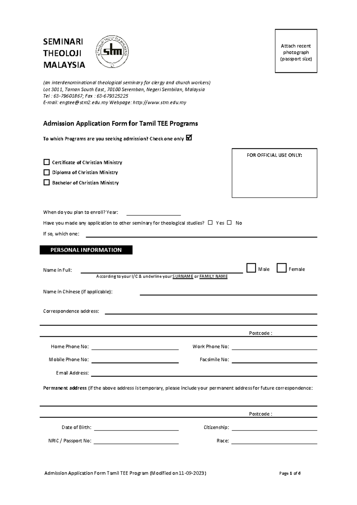 Form stm application tamiltee - SEMINARI THEOLOJI MALAYSIA Attach recent photograph (passport ...