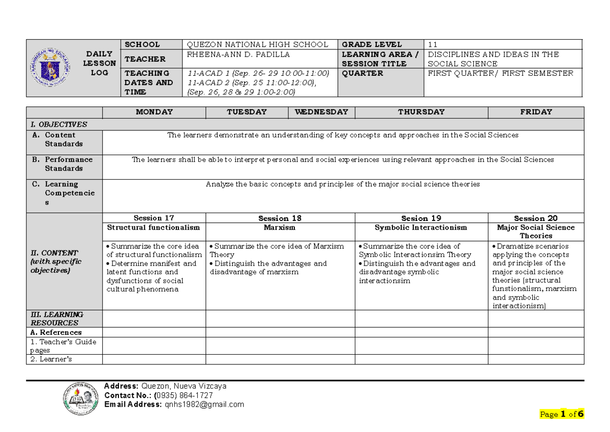 Ilide - READ - DAILY LESSON LOG SCHOOL QUEZON NATIONAL HIGH SCHOOL ...
