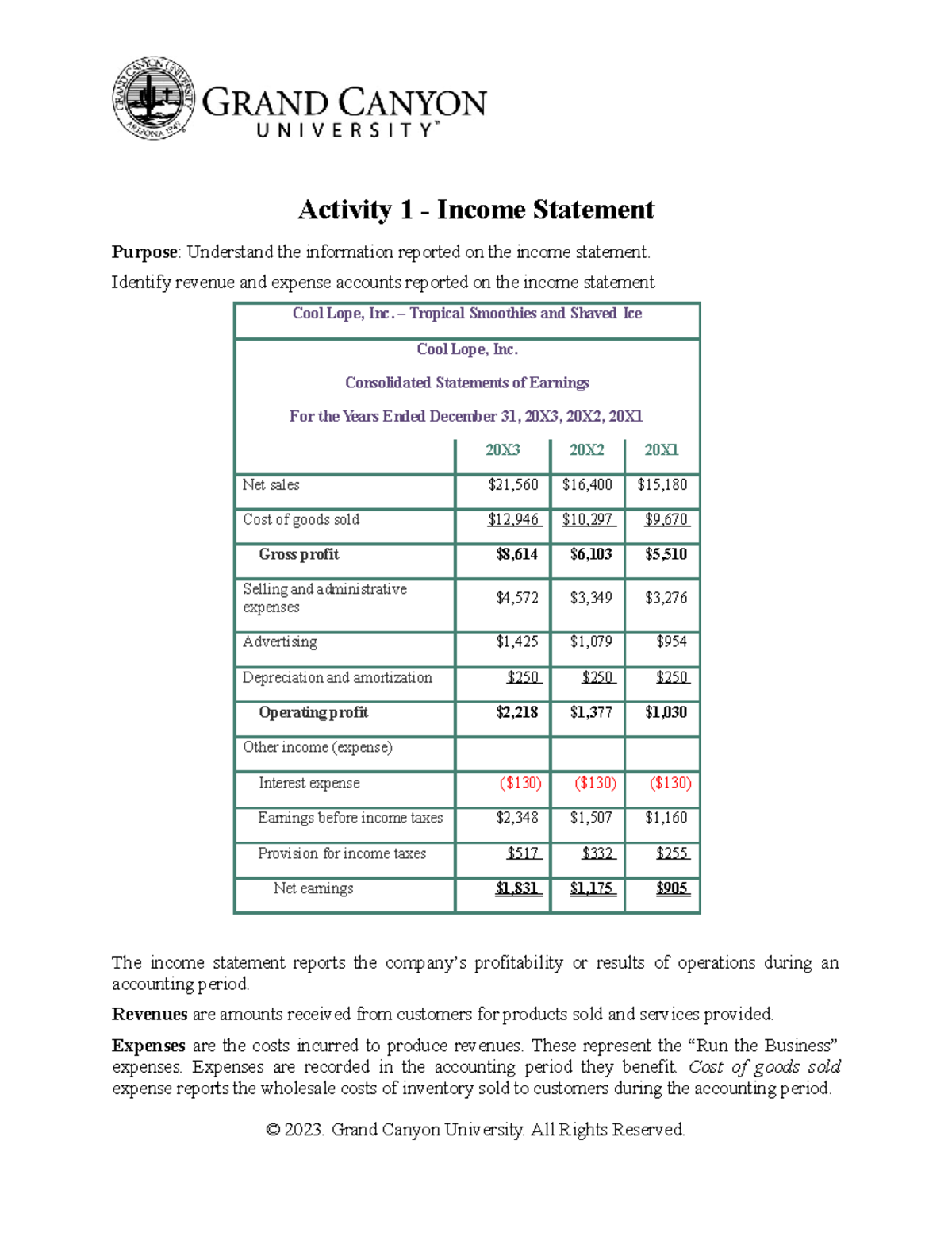 Income Statement Activity 1 ACC-486 - Activity 1 - Income Statement ...