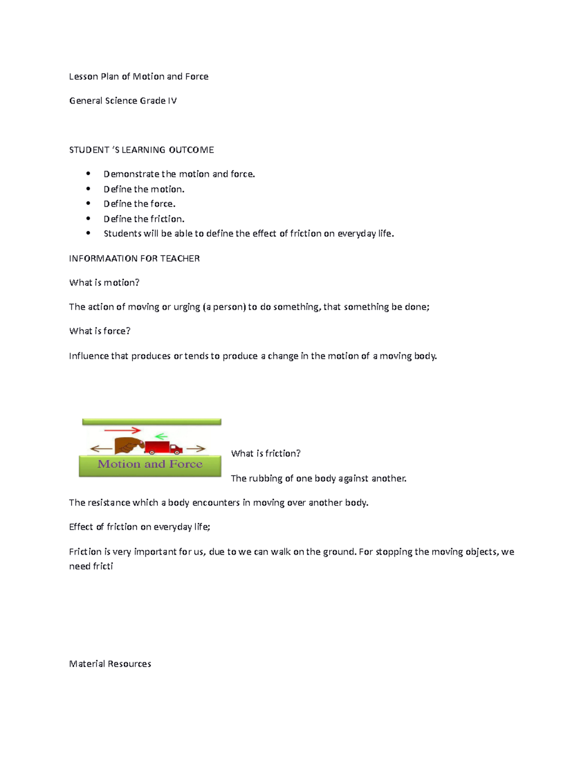 Cu Te - Essay - Lesson Plan of Motion and Force General Science Grade ...