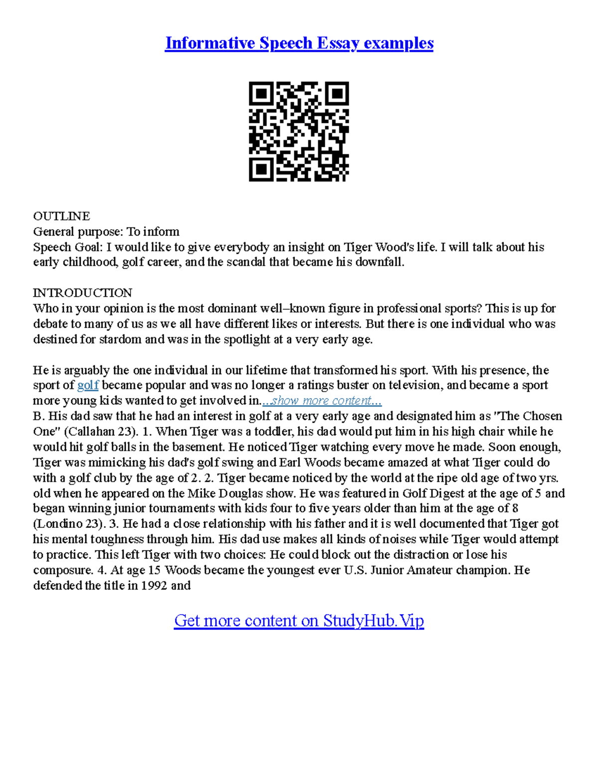 Speech Sample Essay - Informative Speech Essay examples OUTLINE General ...