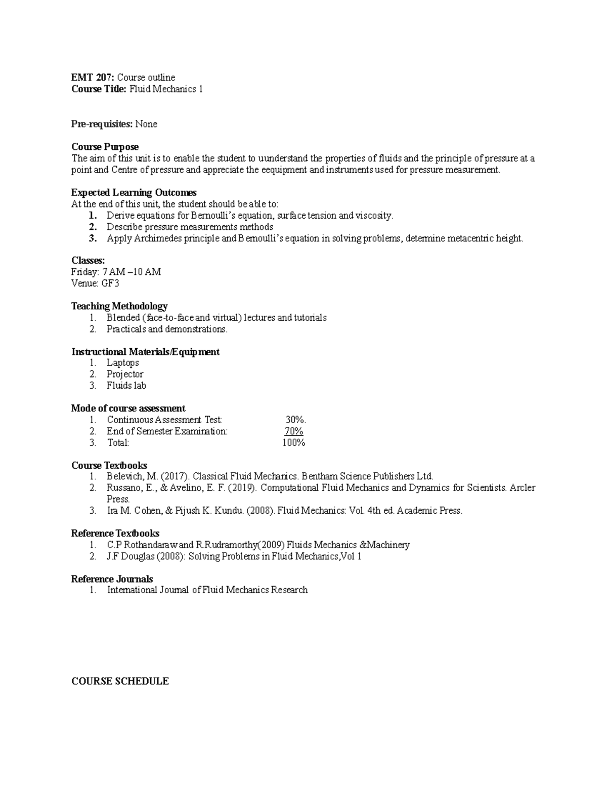 EMT 207 - Course Outline - EMT 207: Course outline Course Title: Fluid ...