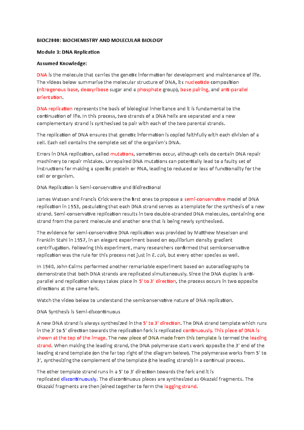 BIOC2000 Module 3 - BIOC2000: BIOCHEMISTRY AND MOLECULAR BIOLOGY Module 3: DNA Replication ...
