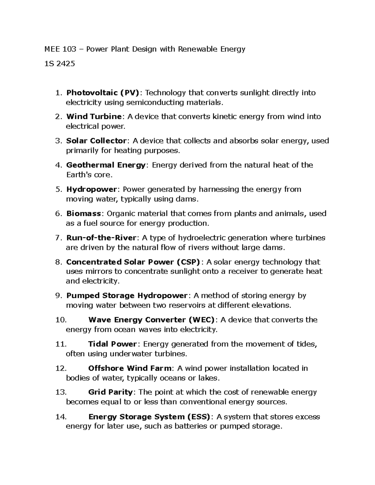 MEE 103 Power Plant Design with Renewable Energy - MEE 10 3 – Power ...