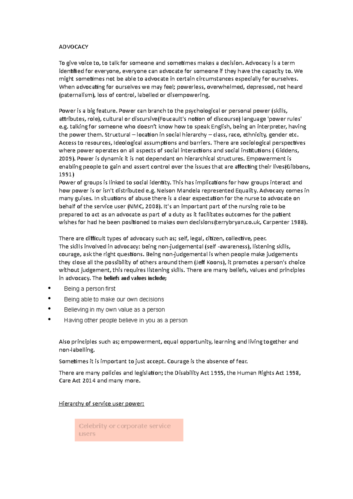 Document 2 Advocacy - NOTES - ADVOCACY To give voice to, to talk for ...