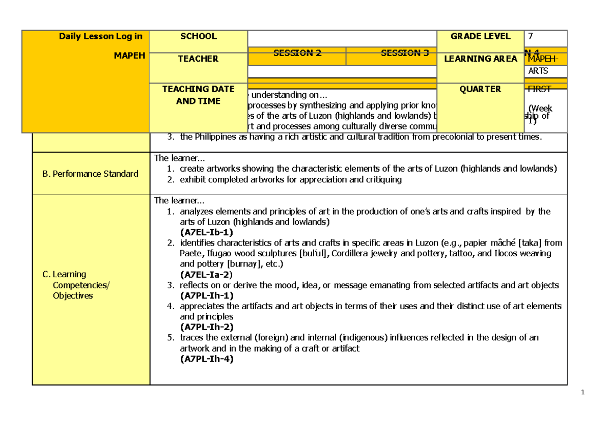 Q1. ARTS 7 WEEK 1 DLL - DLL - SESSION 1 SESSION 2 SESSION 3 SESSION 4 I. OBJECTIVES A. Content ...