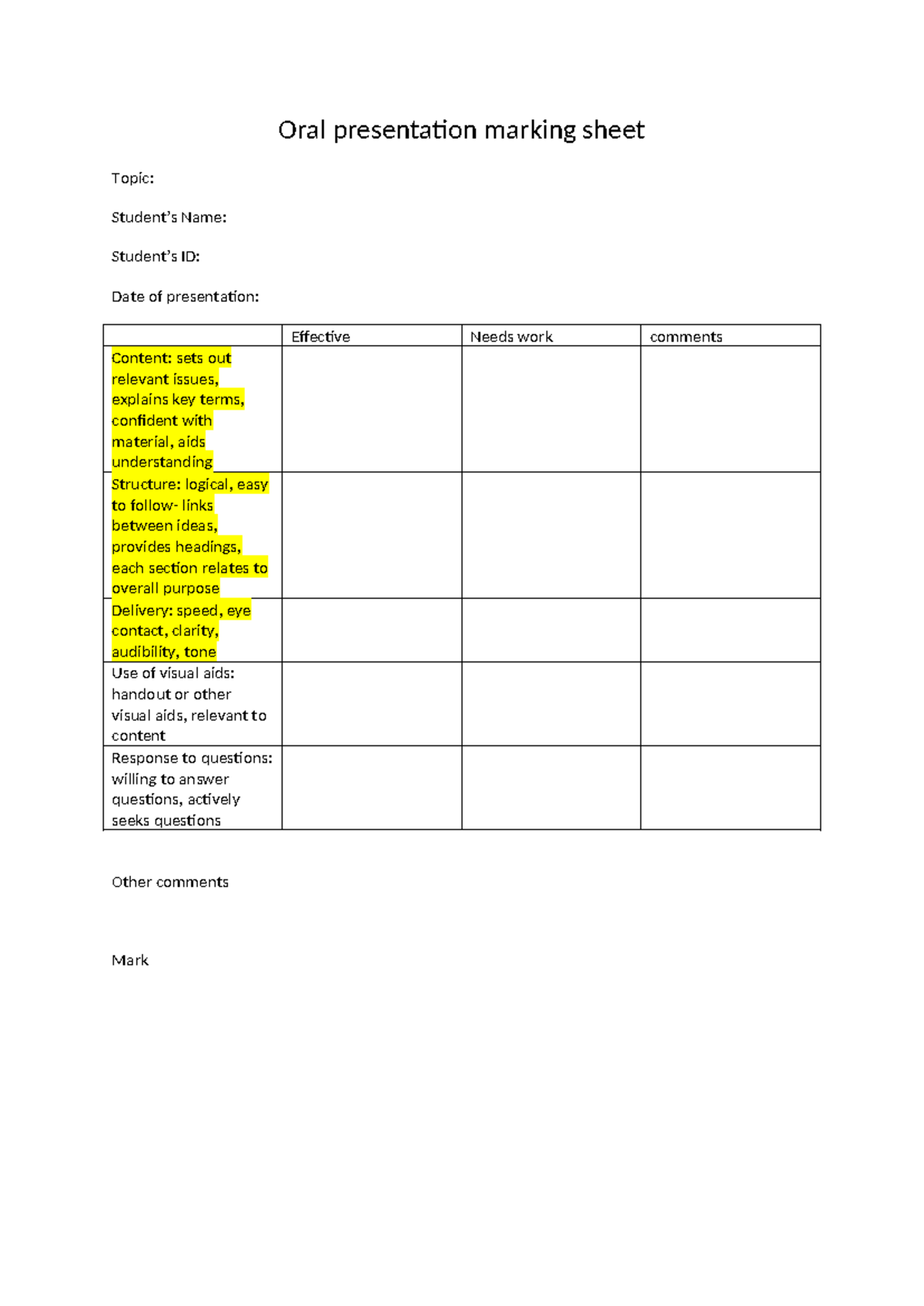 Oral presentation marking sheet - Oral presentation marking sheet Topic ...
