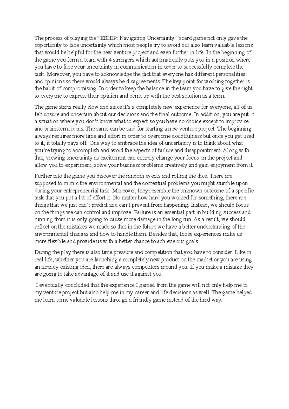 Individual Reflection - The process of playing the “ESHIP: Navigating ...