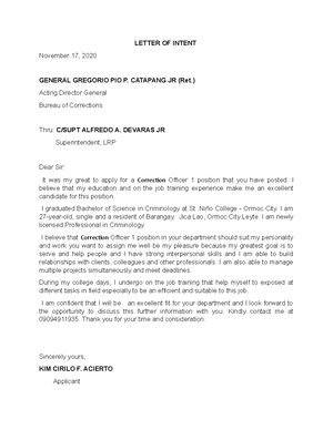 Letter of Intent to Apply for a Job - LETTER OF INTENT November 17 ...