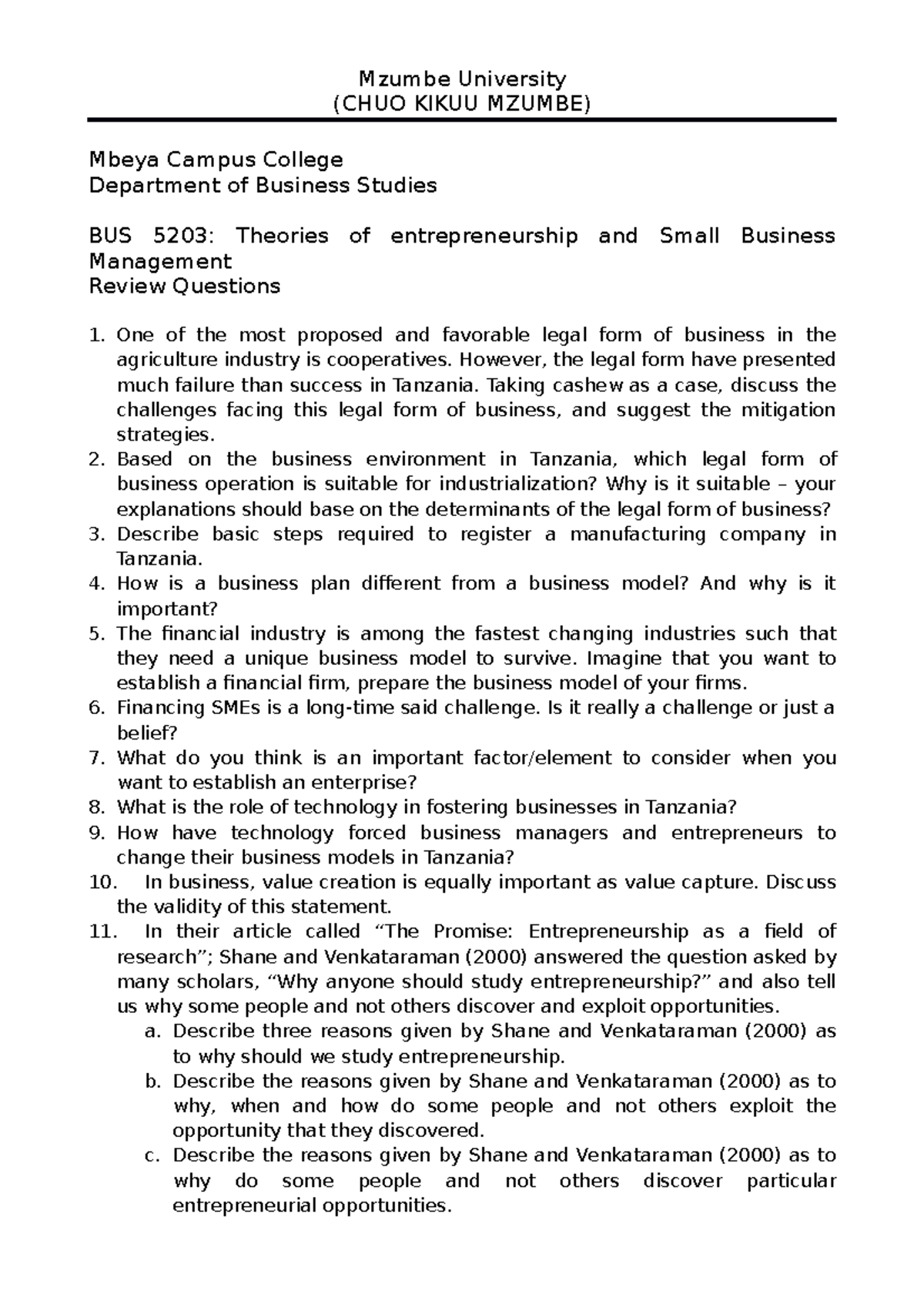 BUS 5203 - Review questions - Mzumbe University (CHUO KIKUU MZUMBE ...