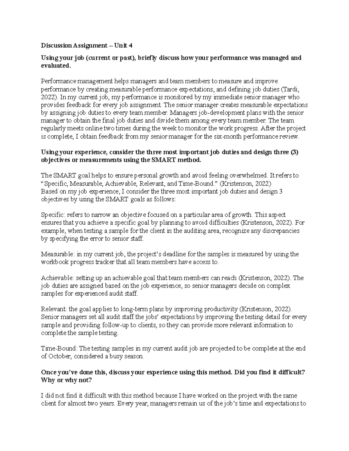 Discussion Assignment - Unit 4 - Discussion Assignment – Unit 4 Using your job (current or past ...