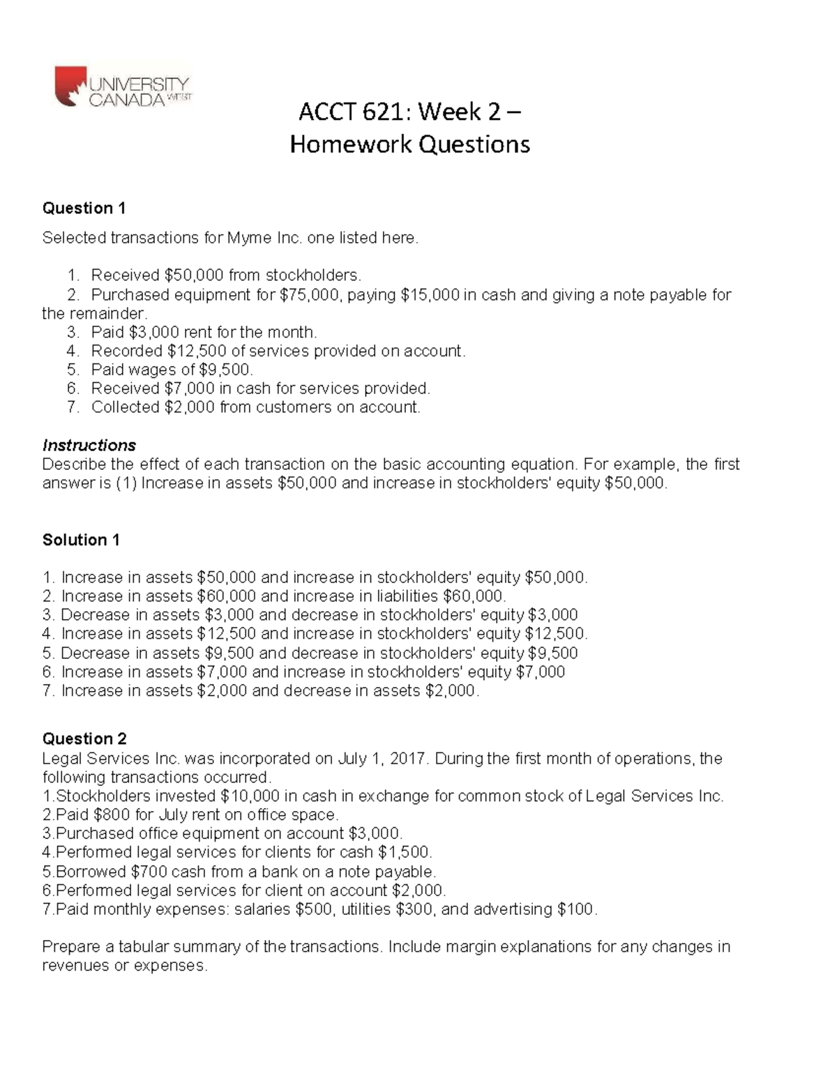 Week 3 - Homework Questions and Answers - ACCT 621: Week 2 – Homework ...