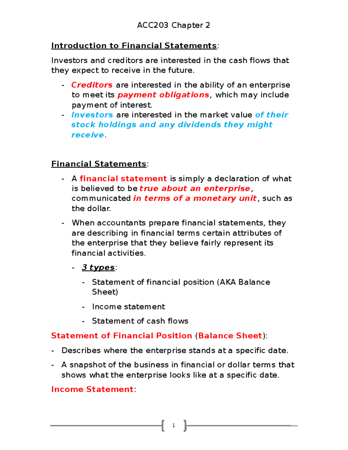 ACC203 Chapter 2 Revision Sheet - Introduction to Financial Statements ...