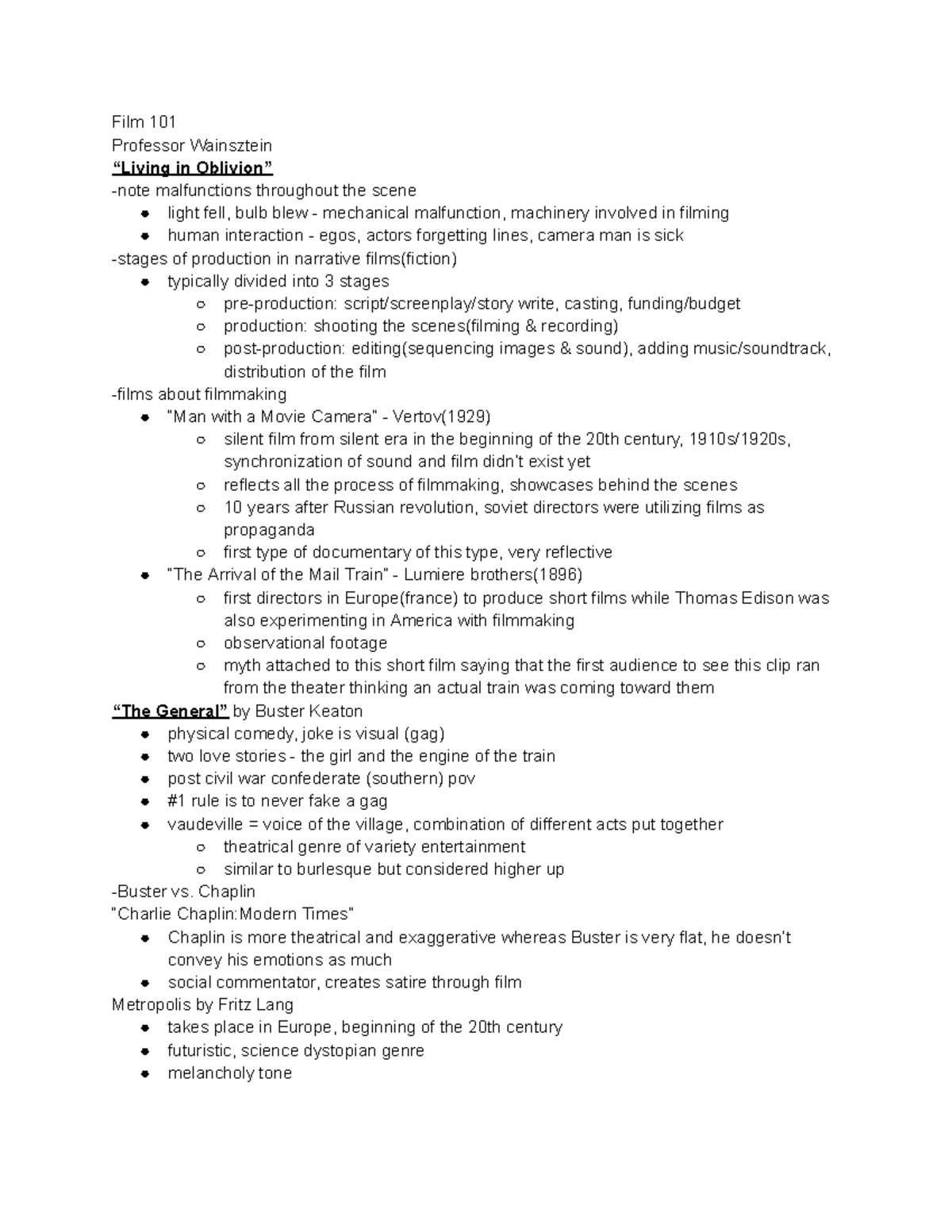 FILM 101 - Key points of all films - FILM 101 - Hunter College - Studocu