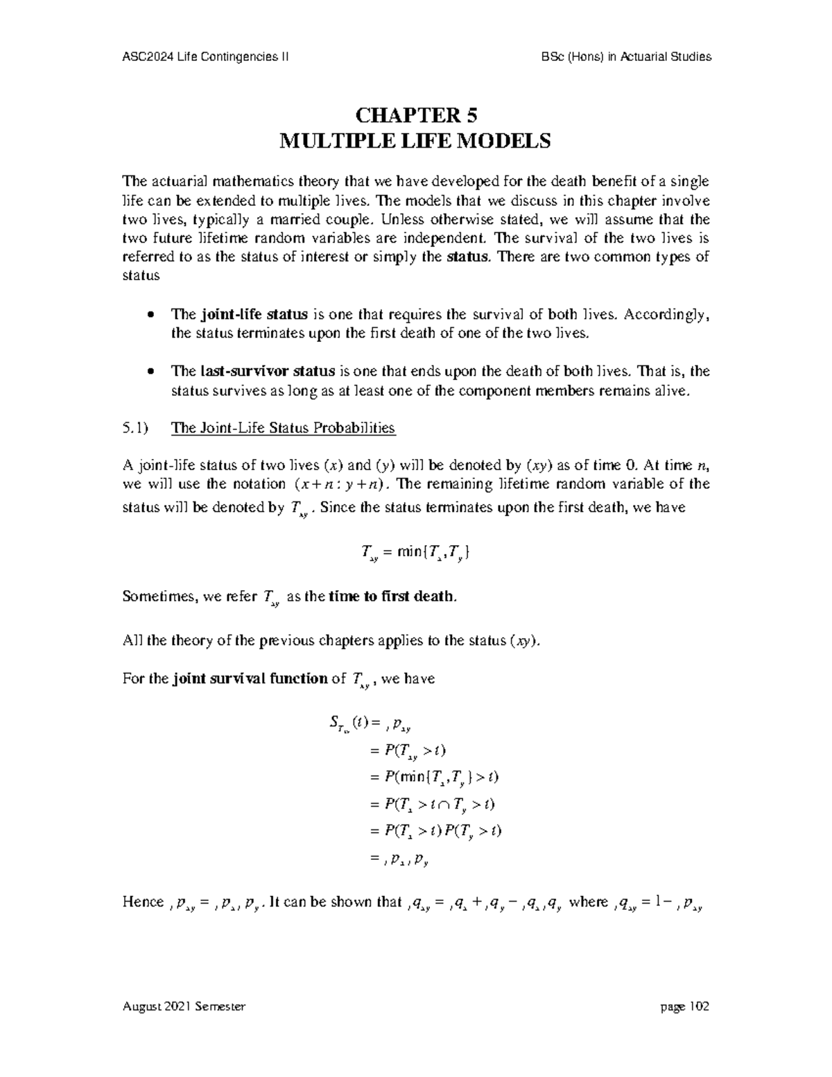 Lecture Note (Chapter 5) ASC2024 Life Contingencies II - Studocu