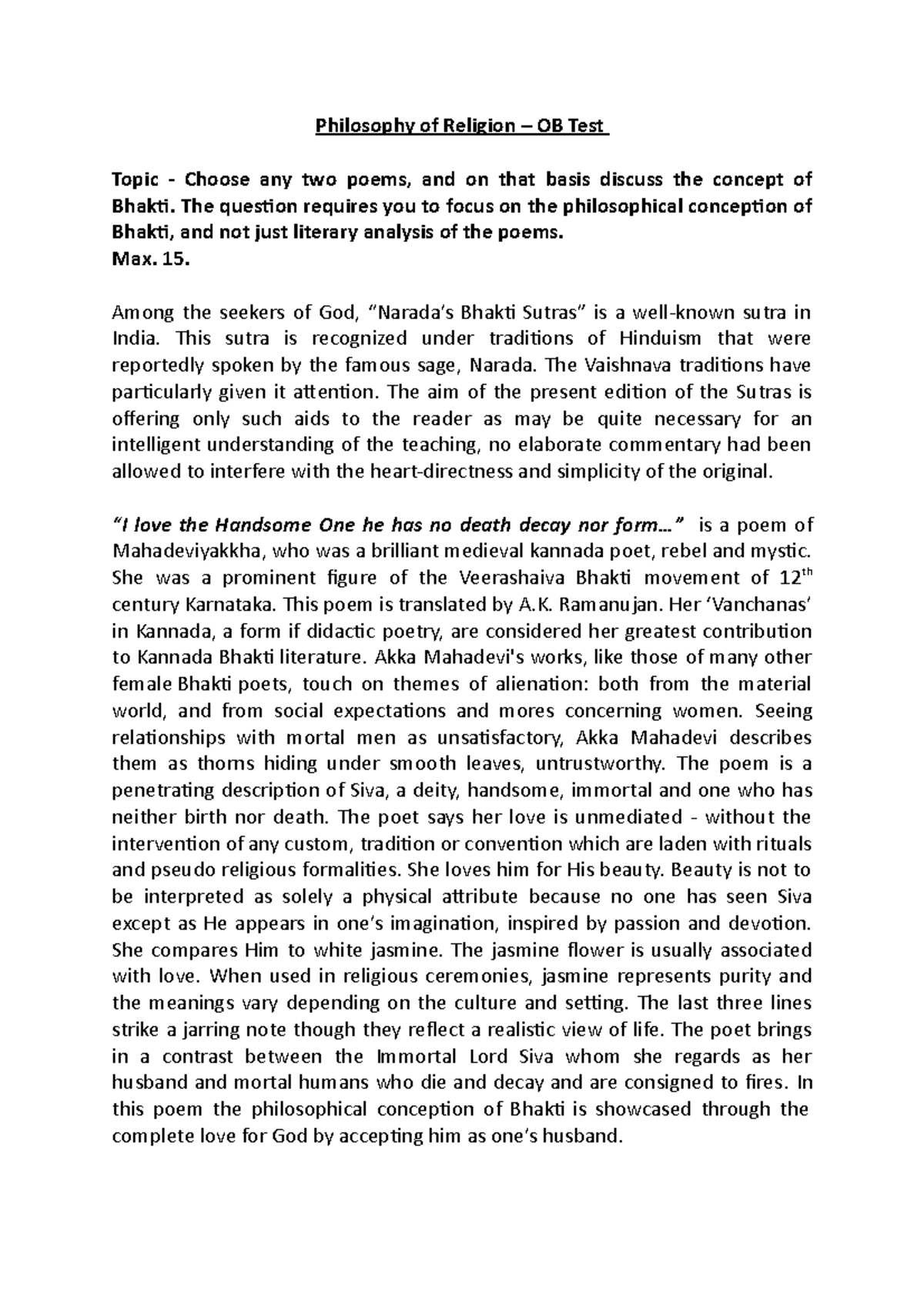 Philosophy of Religion - The question requires you to focus on the ...